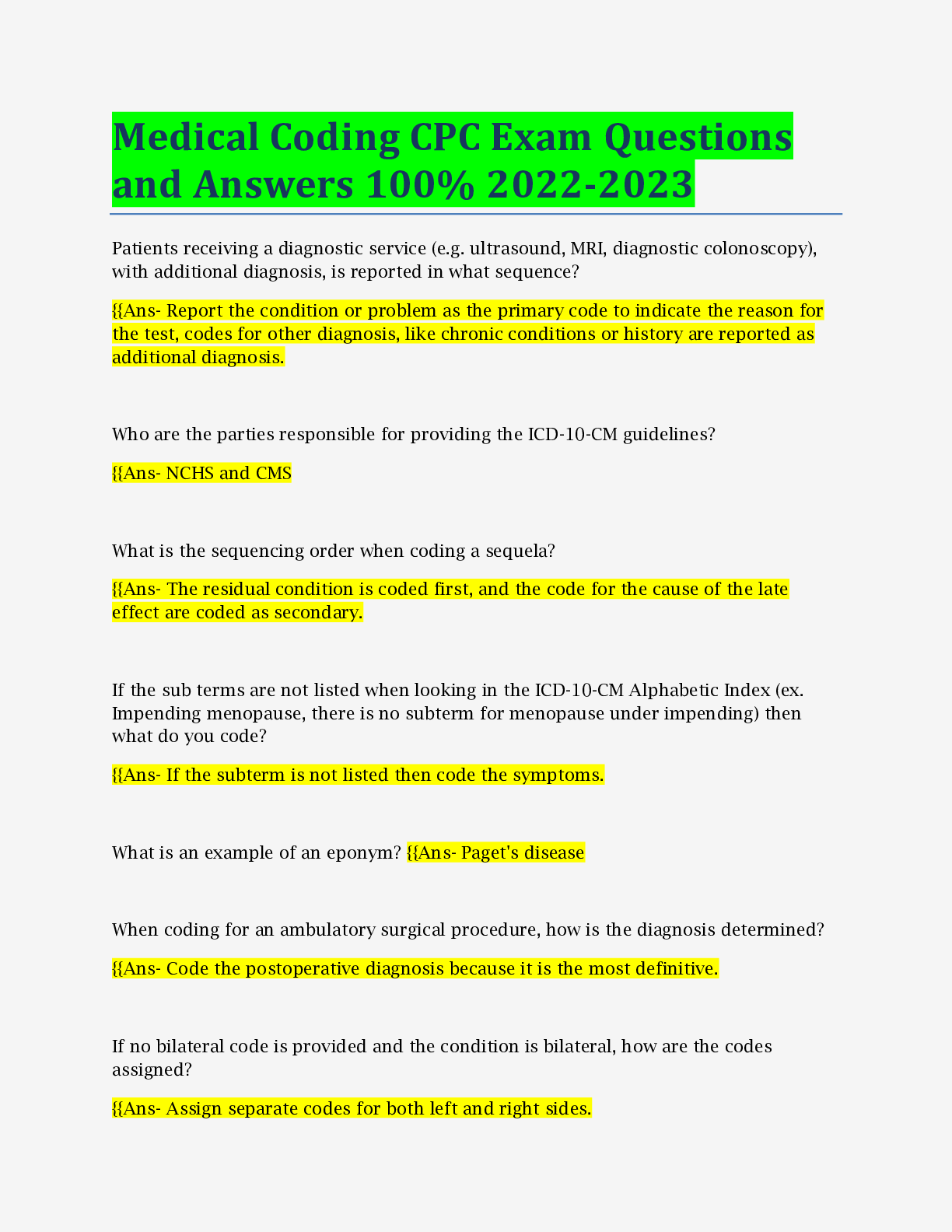 Medical Coding CPC Exam Questions and Answers 100% 2022-2023 - Scholarfriends